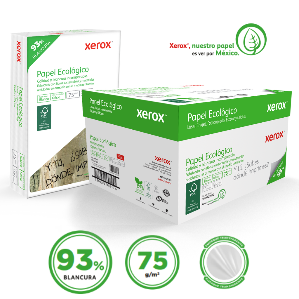 Papel Bond Xerox Ecológico Oficio 75 g/m² 93% de Blancura Caja con 10 ...